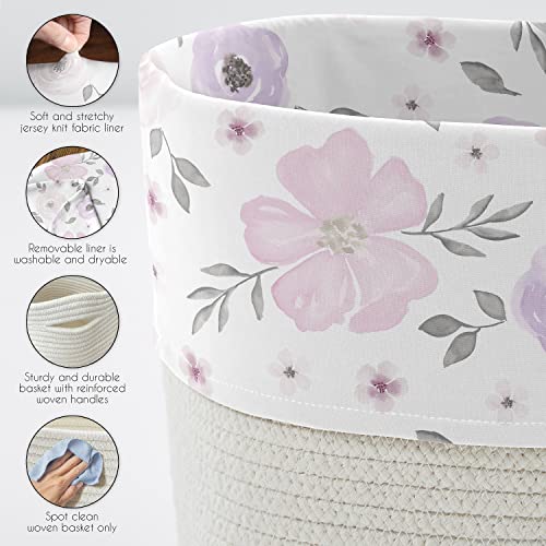 Sweet Jojo Designs Lavender Purple Boho Floral Girl Woven Storage Basket Set 3pc Cotton Rope Diaper Caddy Bins Baby Nursery Kids Closet Drawer Organizer Liner Pink Bohemian Farmhouse Shabby Watercolor