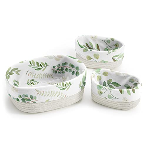 Sweet Jojo Designs Green Boho Floral Leaf Boy Girl Woven Storage Basket Set 3p Cotton Rope Diaper Bins Baby Nursery Kid Closet Drawer Organizer Liner White Bohemian Gender Neutral Watercolor Botanical