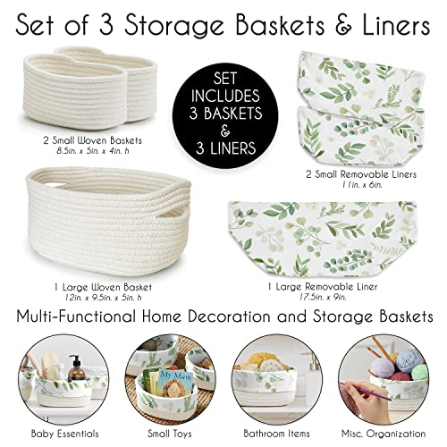 Sweet Jojo Designs Green Boho Floral Leaf Boy Girl Woven Storage Basket Set 3p Cotton Rope Diaper Bins Baby Nursery Kid Closet Drawer Organizer Liner White Bohemian Gender Neutral Watercolor Botanical