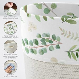 Sweet Jojo Designs Green Boho Floral Leaf Boy Girl Woven Storage Basket Set 3p Cotton Rope Diaper Bins Baby Nursery Kid Closet Drawer Organizer Liner White Bohemian Gender Neutral Watercolor Botanical