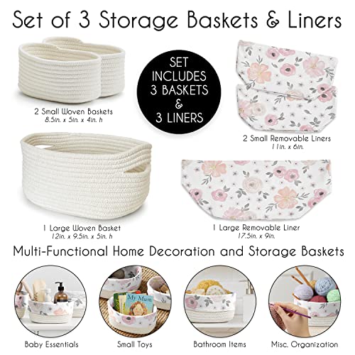 Sweet Jojo Designs Blush Pink Grey Boho Floral Girl Woven Storage Basket Set 3pc Cotton Rope Diaper Caddy Bins Baby Nursery Kids Closet Drawer Organizer Liner Bohemian Farmhouse Shabby Chic Watercolor