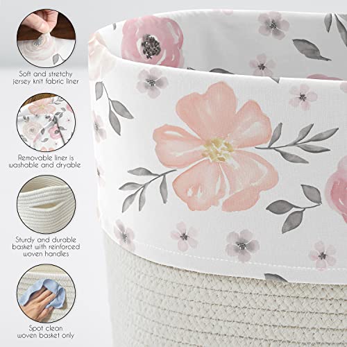 Sweet Jojo Designs Blush Pink Grey Boho Floral Girl Woven Storage Basket Set 3pc Cotton Rope Diaper Caddy Bins Baby Nursery Kids Closet Drawer Organizer Liner Bohemian Farmhouse Shabby Chic Watercolor