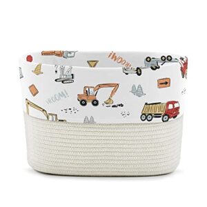 sweet jojo designs red blue construction truck boy woven storage basket decorative cotton rope lined bin baby nursery kids bedroom toys closet shelf organizer transportation bulldozer black and white