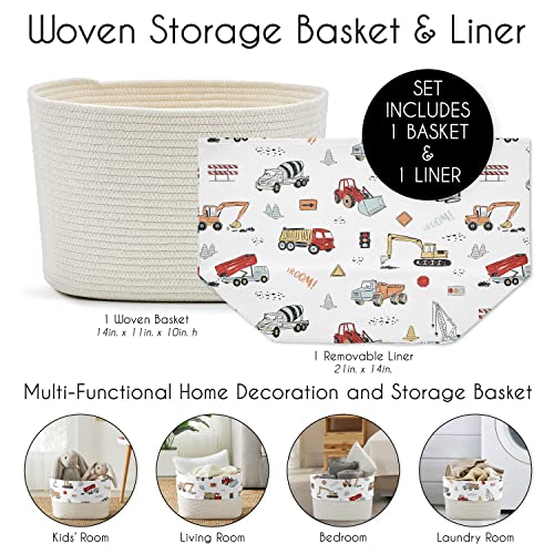 Sweet Jojo Designs Red Blue Construction Truck Boy Woven Storage Basket Decorative Cotton Rope Lined Bin Baby Nursery Kids Bedroom Toys Closet Shelf Organizer Transportation Bulldozer Black and White