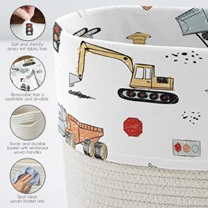 Sweet Jojo Designs Red Blue Construction Truck Boy Woven Storage Basket Decorative Cotton Rope Lined Bin Baby Nursery Kids Bedroom Toys Closet Shelf Organizer Transportation Bulldozer Black and White