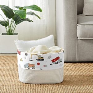 Sweet Jojo Designs Red Blue Construction Truck Boy Woven Storage Basket Decorative Cotton Rope Lined Bin Baby Nursery Kids Bedroom Toys Closet Shelf Organizer Transportation Bulldozer Black and White