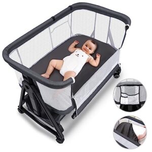 zebrater baby bassinet bedside sleeper with storage basket and wheels,all mesh bedside bassinet for baby,7 adjustable height portable bedside crib co sleeper for newborn/infant(3 in 1,black)