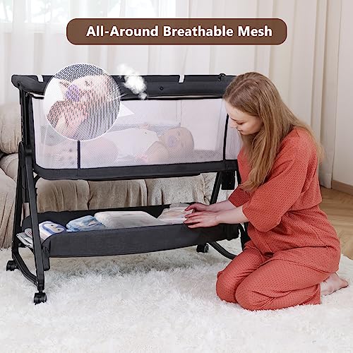 zebrater Baby Bassinet Bedside Sleeper with Storage Basket and Wheels,All Mesh Bedside Bassinet for Baby,7 Adjustable Height Portable Bedside Crib Co Sleeper for Newborn/Infant(3 in 1,Black)