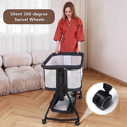 zebrater Baby Bassinet Bedside Sleeper with Storage Basket and Wheels,All Mesh Bedside Bassinet for Baby,7 Adjustable Height Portable Bedside Crib Co Sleeper for Newborn/Infant(3 in 1,Black)