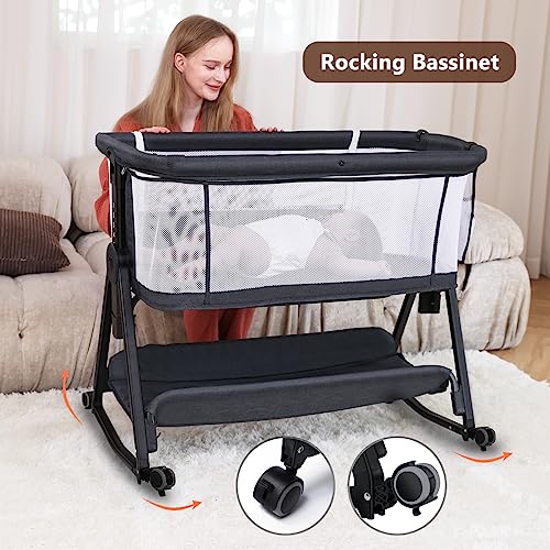 zebrater Baby Bassinet Bedside Sleeper with Storage Basket and Wheels,All Mesh Bedside Bassinet for Baby,7 Adjustable Height Portable Bedside Crib Co Sleeper for Newborn/Infant(3 in 1,Black)