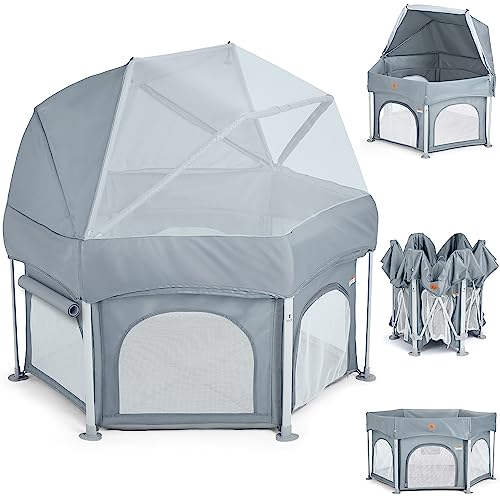 BabyBond 53" Portable Indoor and Outdoor Baby Playpen - Pop Up Tent Pack and Play Baby Playpen for Babies and Toddlers Play Yards with Canopy and Travel Bag - Grey