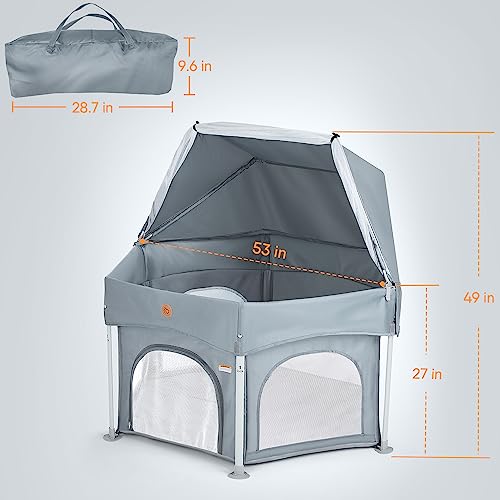 BabyBond 53" Portable Indoor and Outdoor Baby Playpen - Pop Up Tent Pack and Play Baby Playpen for Babies and Toddlers Play Yards with Canopy and Travel Bag - Grey