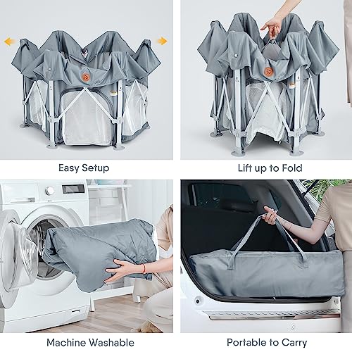 BabyBond 53" Portable Indoor and Outdoor Baby Playpen - Pop Up Tent Pack and Play Baby Playpen for Babies and Toddlers Play Yards with Canopy and Travel Bag - Grey