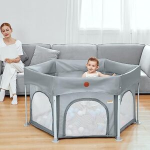 BabyBond 53" Portable Indoor and Outdoor Baby Playpen - Pop Up Tent Pack and Play Baby Playpen for Babies and Toddlers Play Yards with Canopy and Travel Bag - Grey