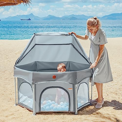 BabyBond 53" Portable Indoor and Outdoor Baby Playpen - Pop Up Tent Pack and Play Baby Playpen for Babies and Toddlers Play Yards with Canopy and Travel Bag - Grey