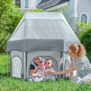 BabyBond 53" Portable Indoor and Outdoor Baby Playpen - Pop Up Tent Pack and Play Baby Playpen for Babies and Toddlers Play Yards with Canopy and Travel Bag - Grey