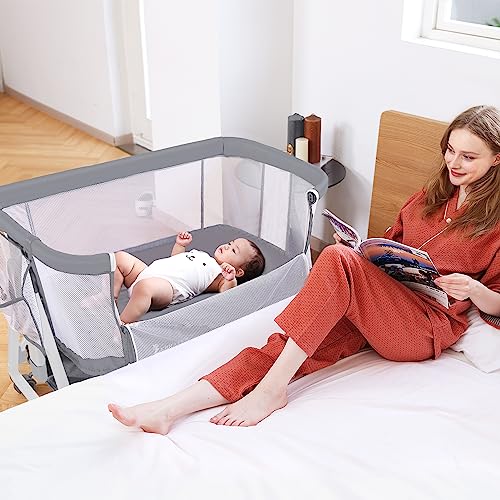 zebrater Baby Bassinet Bedside Sleeper with Storage Basket and Wheels,All Mesh Bedside Bassinet for Baby,7 Adjustable Height Portable Bedside Crib Co Sleeper for Newborn/Infant(3 in 1,Grey)