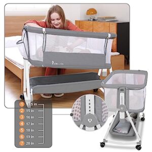 zebrater Baby Bassinet Bedside Sleeper with Storage Basket and Wheels,All Mesh Bedside Bassinet for Baby,7 Adjustable Height Portable Bedside Crib Co Sleeper for Newborn/Infant(3 in 1,Grey)