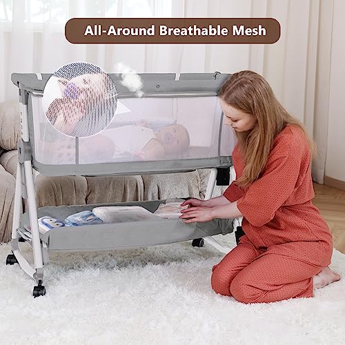 zebrater Baby Bassinet Bedside Sleeper with Storage Basket and Wheels,All Mesh Bedside Bassinet for Baby,7 Adjustable Height Portable Bedside Crib Co Sleeper for Newborn/Infant(3 in 1,Grey)