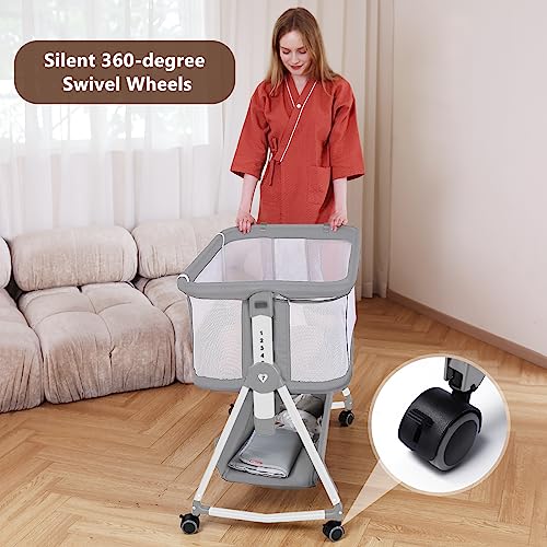 zebrater Baby Bassinet Bedside Sleeper with Storage Basket and Wheels,All Mesh Bedside Bassinet for Baby,7 Adjustable Height Portable Bedside Crib Co Sleeper for Newborn/Infant(3 in 1,Grey)