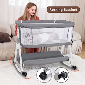 zebrater Baby Bassinet Bedside Sleeper with Storage Basket and Wheels,All Mesh Bedside Bassinet for Baby,7 Adjustable Height Portable Bedside Crib Co Sleeper for Newborn/Infant(3 in 1,Grey)