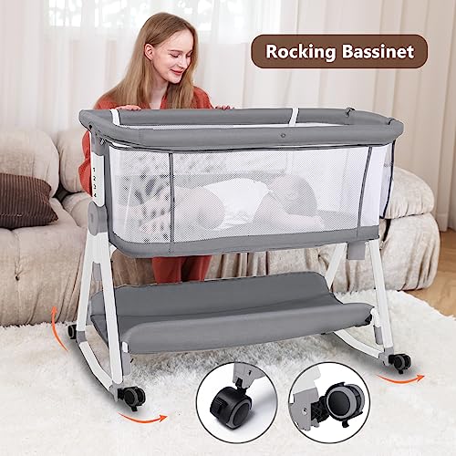 zebrater Baby Bassinet Bedside Sleeper with Storage Basket and Wheels,All Mesh Bedside Bassinet for Baby,7 Adjustable Height Portable Bedside Crib Co Sleeper for Newborn/Infant(3 in 1,Grey)