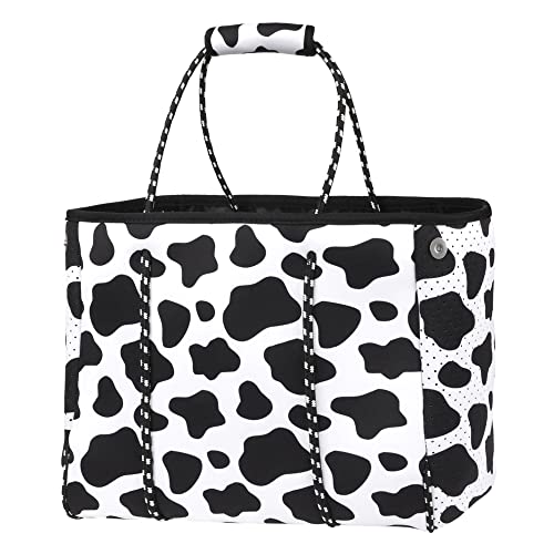 Yomietar Neoprene Tote Bag Travel Beach Bag Large Pool Bag Gym Bag Handbag for Women Men (Cow Print)