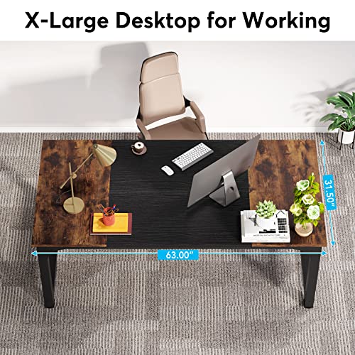 LITTLE TREE 63 Inch Large Executive Computer Office Desk, Brown+Black