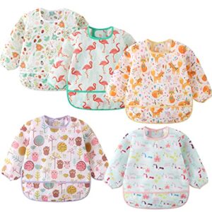 elecmotive 5 pack long sleeve bib,baby toddler waterproof sleeved bib for 6-30 months reusable with catch-all pocket