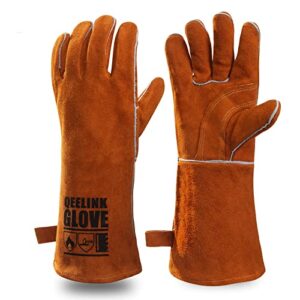 qeelink welding gloves - heat & wear resistant lined leather and fireproof stitching - for welders/fireplace/bbq/gardening, 16-inch