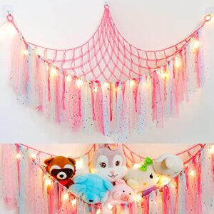 dremisland stuffed animals storage with fairy lights toy hammock hanging stuffed animal storage organizer holder with lace tassels for nursery play room, kids bedroom (pink)