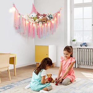 Dremisland Stuffed Animals Storage with Fairy Lights Toy Hammock Hanging Stuffed Animal Storage Organizer Holder with Lace Tassels for Nursery Play Room, Kids Bedroom (Pink)