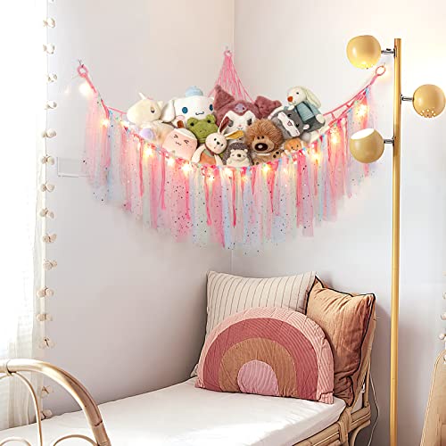 Dremisland Stuffed Animals Storage with Fairy Lights Toy Hammock Hanging Stuffed Animal Storage Organizer Holder with Lace Tassels for Nursery Play Room, Kids Bedroom (Pink)