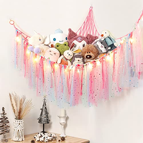 Dremisland Stuffed Animals Storage with Fairy Lights Toy Hammock Hanging Stuffed Animal Storage Organizer Holder with Lace Tassels for Nursery Play Room, Kids Bedroom (Pink)