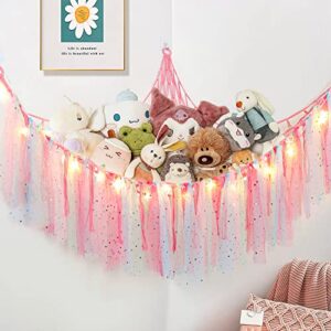 Dremisland Stuffed Animals Storage with Fairy Lights Toy Hammock Hanging Stuffed Animal Storage Organizer Holder with Lace Tassels for Nursery Play Room, Kids Bedroom (Pink)