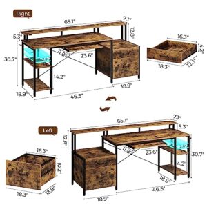 Rolanstar Computer Desk 65" with File Drawer, Gaming Desk with LED Light & Power Outlets, Home Office Desk with File Cabinet & Storage Shelves, with Monitor Stand & Keyboard Tray, Rustic Brown