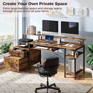 Rolanstar Computer Desk 65" with File Drawer, Gaming Desk with LED Light & Power Outlets, Home Office Desk with File Cabinet & Storage Shelves, with Monitor Stand & Keyboard Tray, Rustic Brown