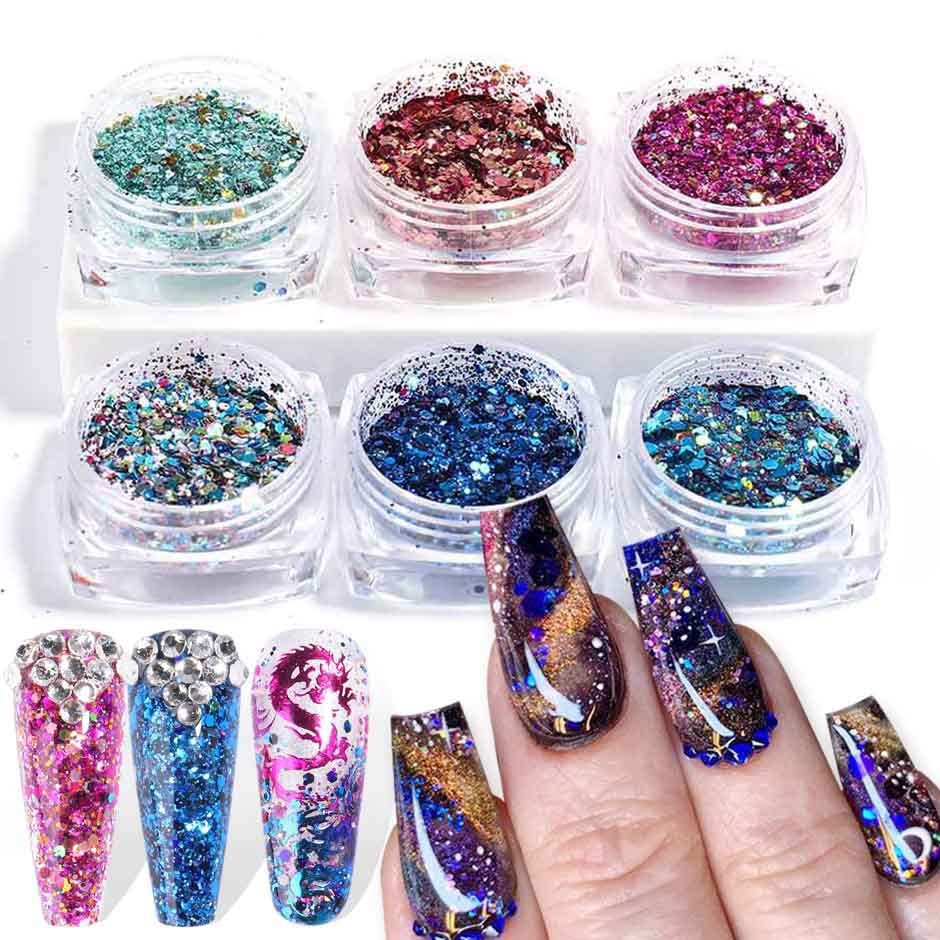 6 Boxes Holographic Nail Art Glitter Powder Shinny Laser Nail Sequins Sparkly Bright Metallic Glitter Flakes Laser Pink Blue Nail Powder with Designs for Women DIY Manicure Tips