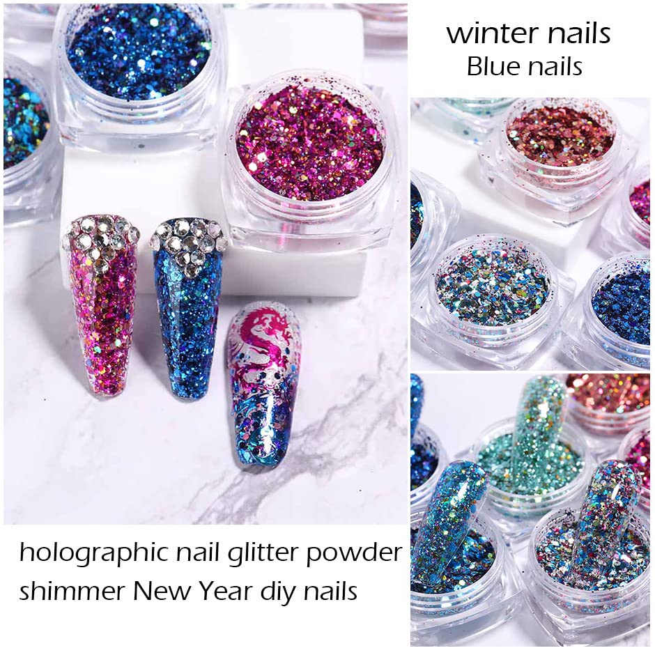 6 Boxes Holographic Nail Art Glitter Powder Shinny Laser Nail Sequins Sparkly Bright Metallic Glitter Flakes Laser Pink Blue Nail Powder with Designs for Women DIY Manicure Tips