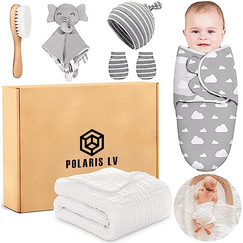 POLARIS LV - New Born Gift for Baby Shower, Baby Registry: Security Blanket, Newborn Essential Sleeping Bag and Muslim Blanket,Newborn Hat and Gloves, Hair Brush, Neutral Gender (Boys and Girls)