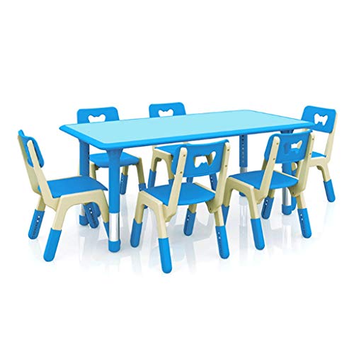 LIUYUNQI 1 Table and 6 Chairs Kindergarten Desk and Chair Set Can Lift Children's Desk Household Simple Baby Table Plastic Rectangle Toy Table (Color : Blue)