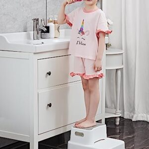 HEETA 2 Step Stool for Kids and Toddler, Anti-Slip Sturdy Step Stool for Potty Training or Kitchen Helper Stool, 2 in 1 Step Dual Height to Reach Kitchen Counter Bed or Sink, Grey & White