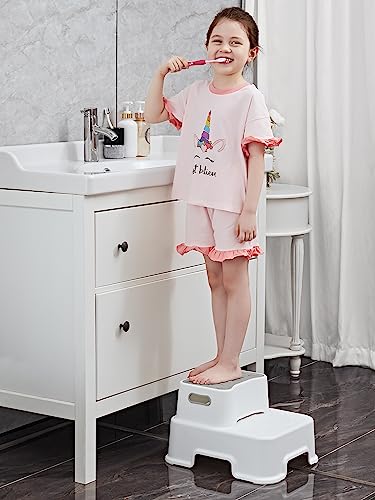 HEETA 2 Step Stool for Kids and Toddler, Anti-Slip Sturdy Step Stool for Potty Training or Kitchen Helper Stool, 2 in 1 Step Dual Height to Reach Kitchen Counter Bed or Sink, Grey & White