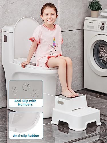 HEETA 2 Step Stool for Kids and Toddler, Anti-Slip Sturdy Step Stool for Potty Training or Kitchen Helper Stool, 2 in 1 Step Dual Height to Reach Kitchen Counter Bed or Sink, Grey & White