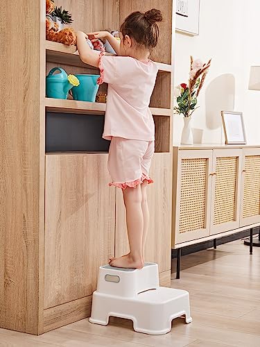 HEETA 2 Step Stool for Kids and Toddler, Anti-Slip Sturdy Step Stool for Potty Training or Kitchen Helper Stool, 2 in 1 Step Dual Height to Reach Kitchen Counter Bed or Sink, Grey & White