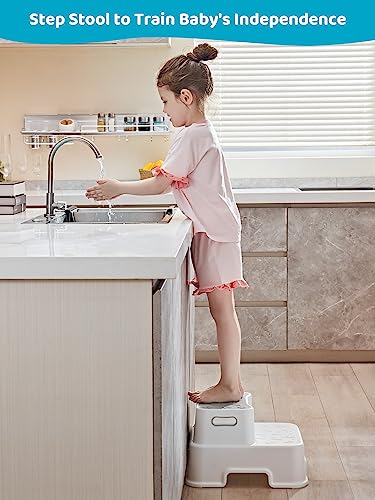 HEETA 2 Step Stool for Kids and Toddler, Anti-Slip Sturdy Step Stool for Potty Training or Kitchen Helper Stool, 2 in 1 Step Dual Height to Reach Kitchen Counter Bed or Sink, Grey & White