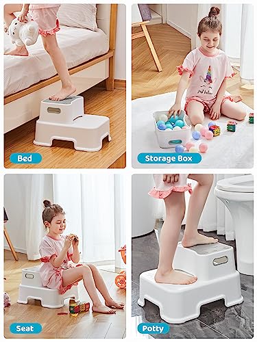 HEETA 2 Step Stool for Kids and Toddler, Anti-Slip Sturdy Step Stool for Potty Training or Kitchen Helper Stool, 2 in 1 Step Dual Height to Reach Kitchen Counter Bed or Sink, Grey & White