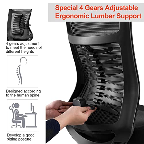 Luckyear Office Chairs,Ergonomic Home Desk Chairs,Adjustable Big Computer Chair with Lumbar Support Breathable Mesh Backrest Headrest,Tall Executive Office Task Chair,Black