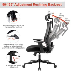 Luckyear Office Chairs,Ergonomic Home Desk Chairs,Adjustable Big Computer Chair with Lumbar Support Breathable Mesh Backrest Headrest,Tall Executive Office Task Chair,Black