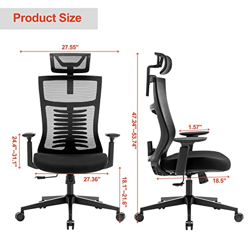 Luckyear Office Chairs,Ergonomic Home Desk Chairs,Adjustable Big Computer Chair with Lumbar Support Breathable Mesh Backrest Headrest,Tall Executive Office Task Chair,Black